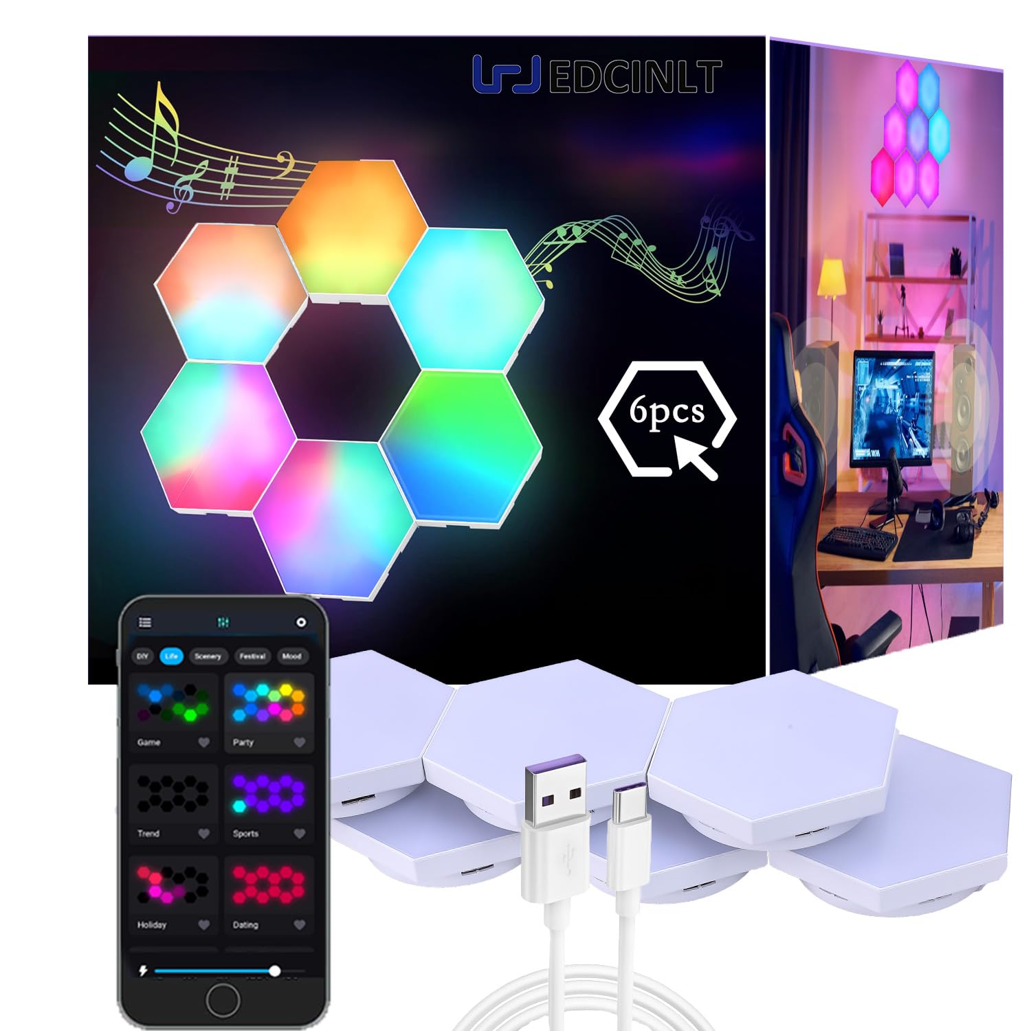 HEDCINLT Smart Hexagon Lights DIY Hexagon Led Light App & Remote ...
