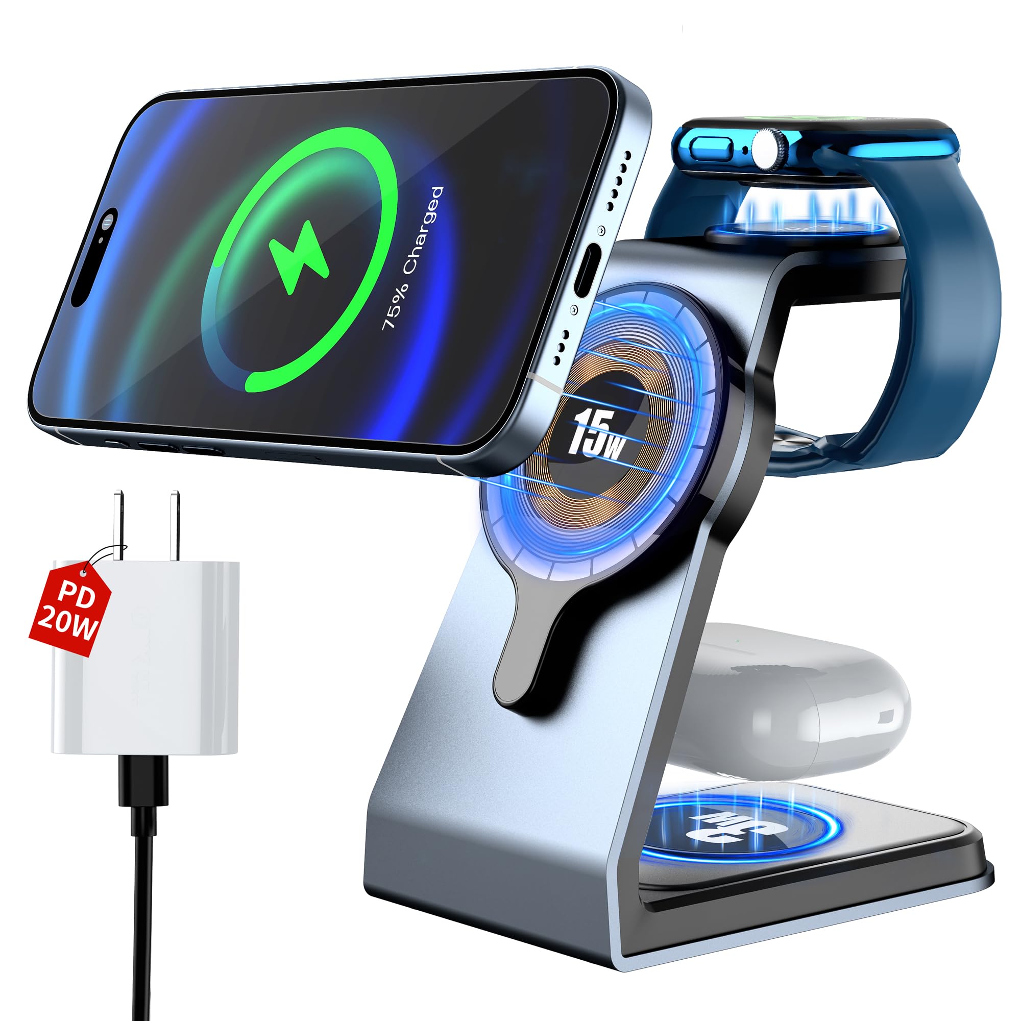 Amazon.com: Aluminum 3 in 1 Charger Stand, Magnetic Wireless Charger ...