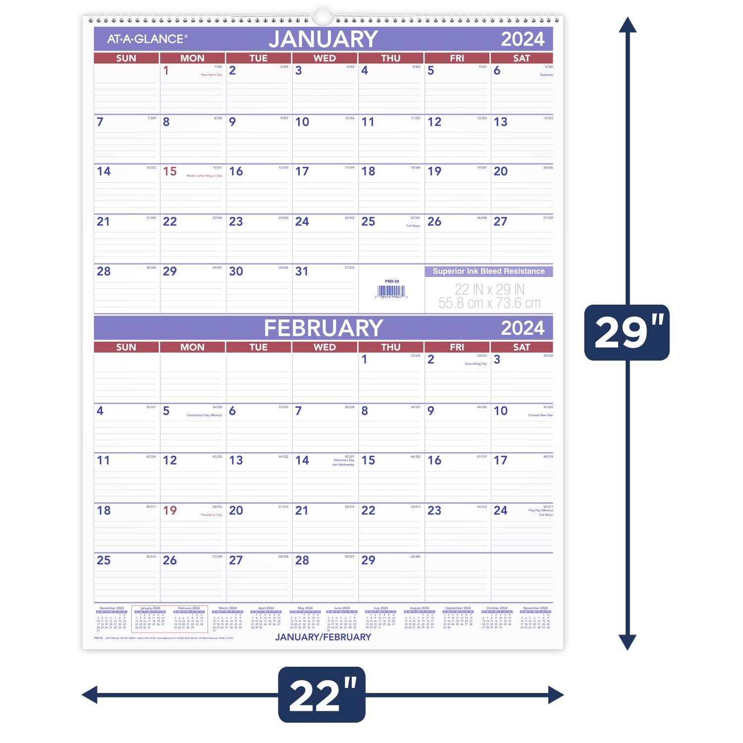 AT-A-GLANCE 2024 Wall Calendar, 22" x 29", Large, 2-Month (PM92824)
