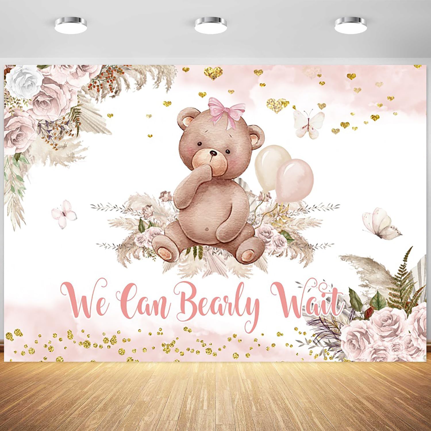 Amazon.com : 8x6ft Bear Baby Shower Backdrop Boho Pink Floral We Can ...