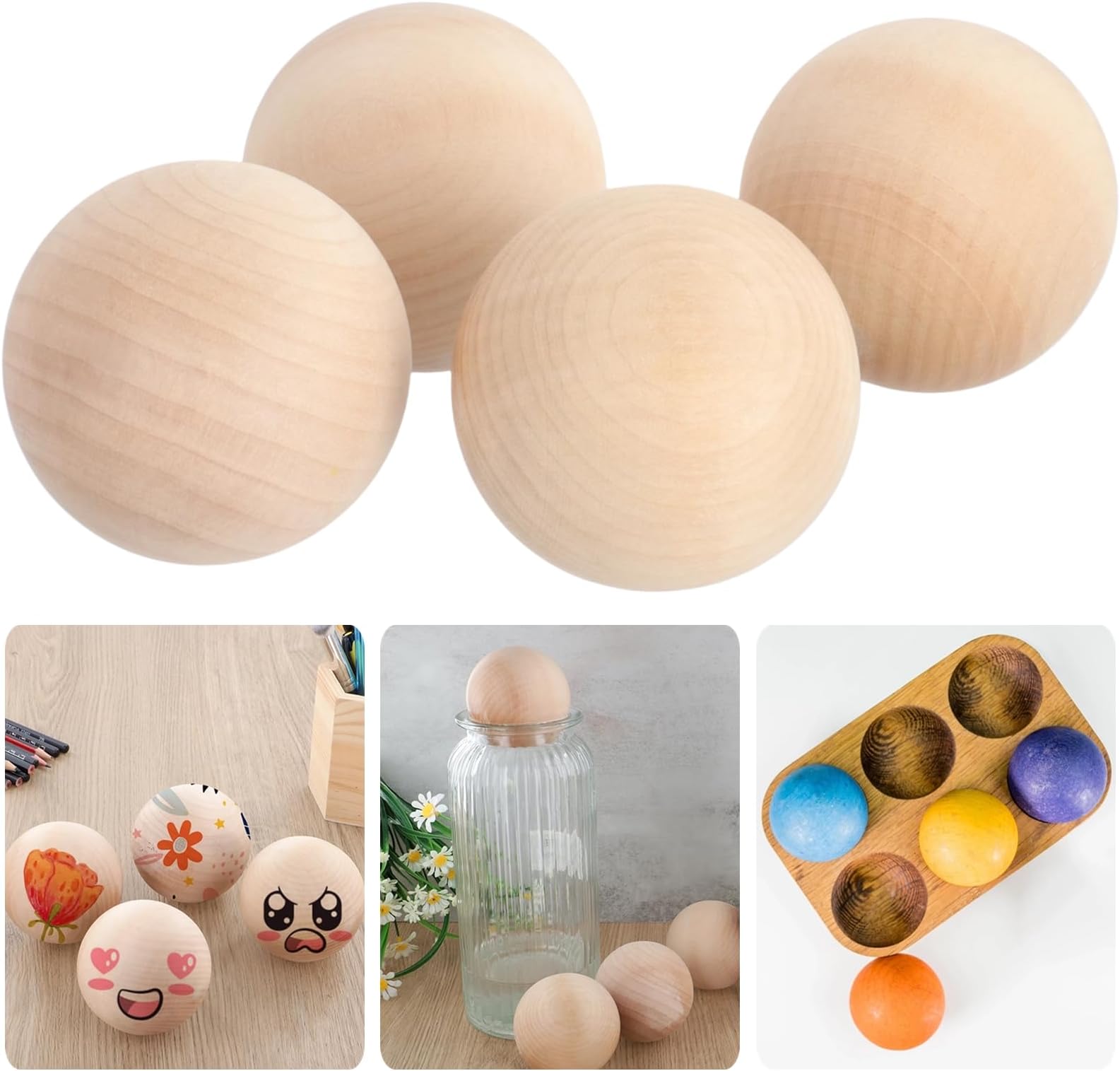 Amazon.com: PONGJA 3 Inch Wooden Round Balls, Bag of 4 Unfinished Solid ...