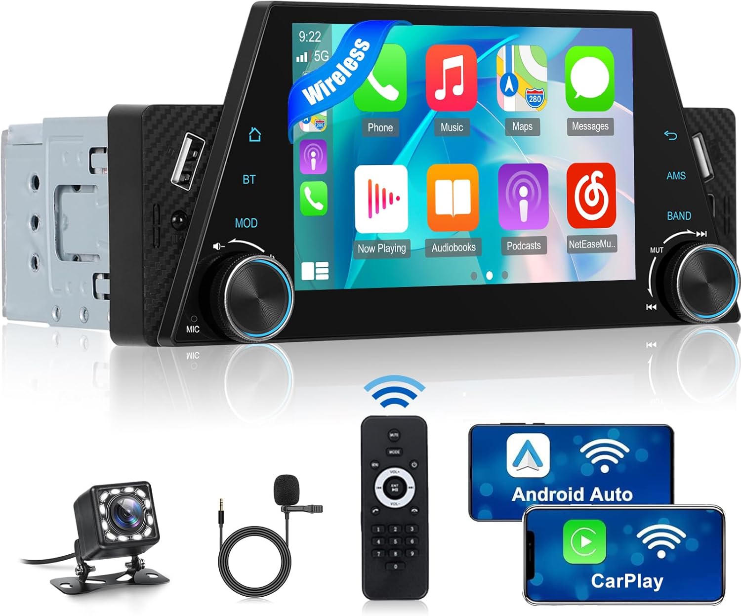 1 Din Radio with Wireless Carplay and Android Auto - 5 Inch HD Touch ...