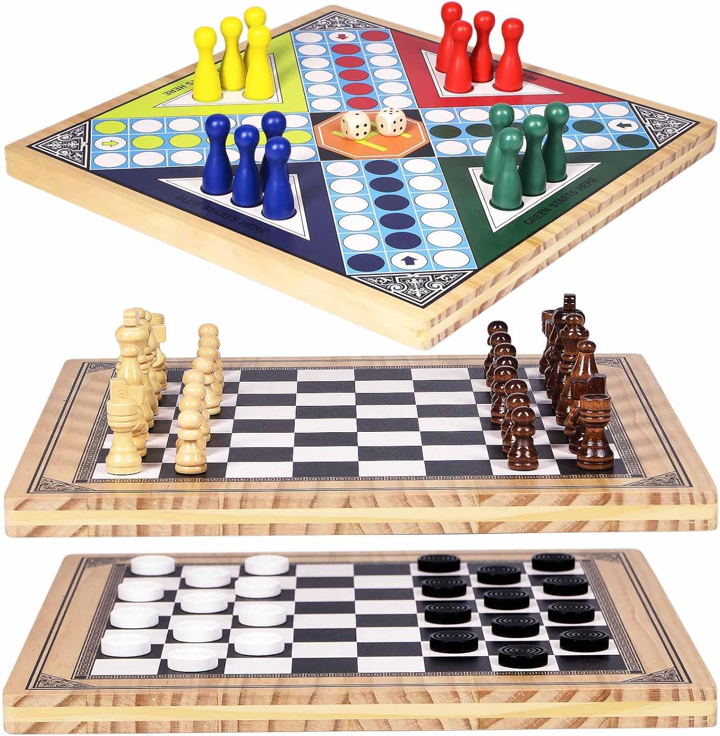 Vamslove 3-in-1 Chess Checkers & Ludo Game Set Wooden Board Games ...