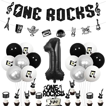 Amazon.com: One Rocks 1st Birthday Decoration - Black & White Rock 'n ...