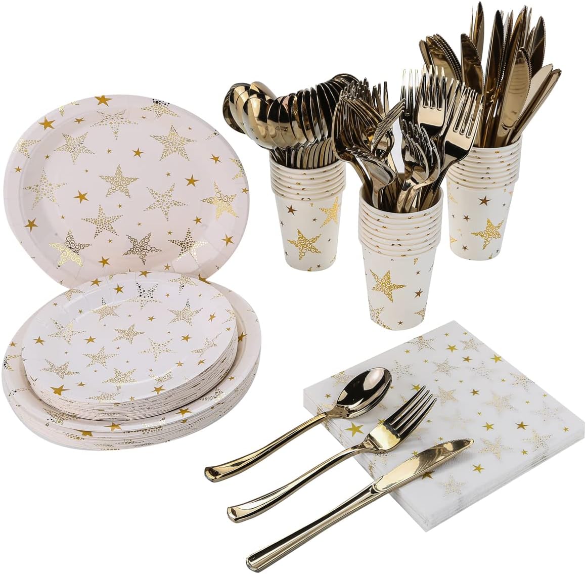 Amazon.com: CONRADY 200 PCS Gold Star Disposable Party Dinnerware Set ...