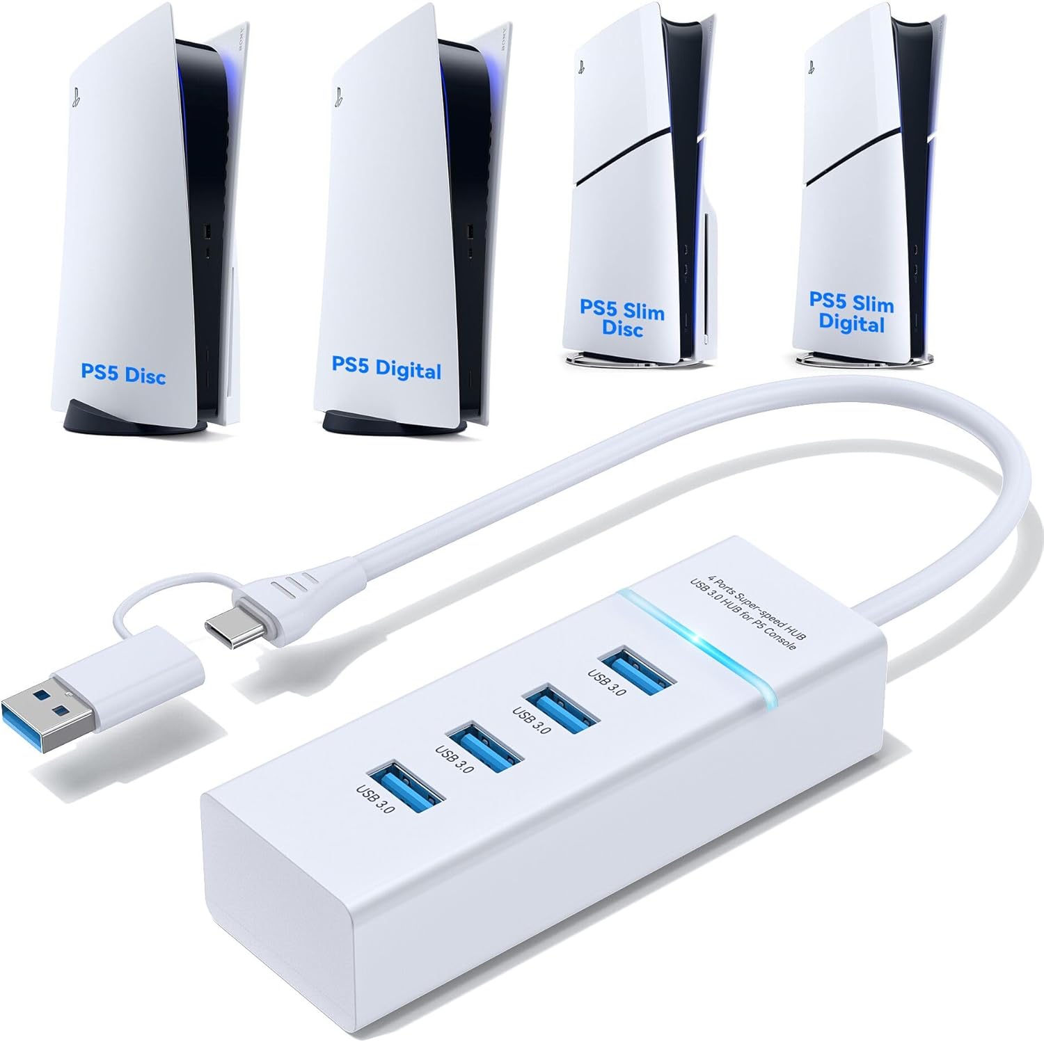 Amazon | PS5/新型PS5 Slim用4-in-1 USBハブ 2-in-1ケーブル USB-A & USB-C/Type-C接続対応 USB3.0高速拡張ハブ 外付けHUB 急速 ...