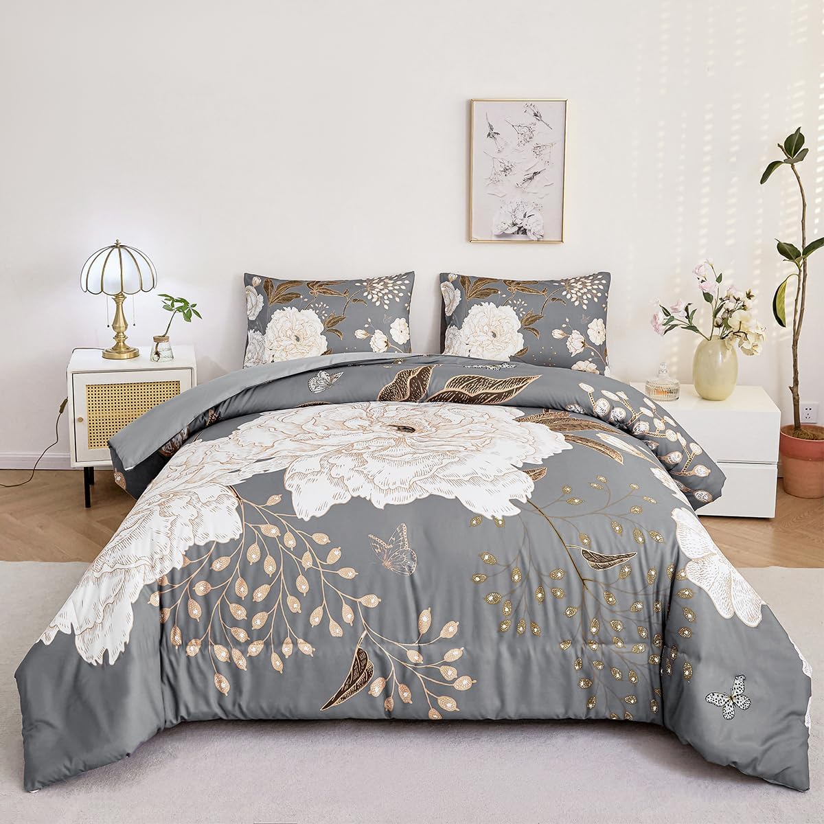 STYHO Floral Double Duvet Cover Set Dark Grey 3Pcs Large White Flower Bedding Set with Gold ...