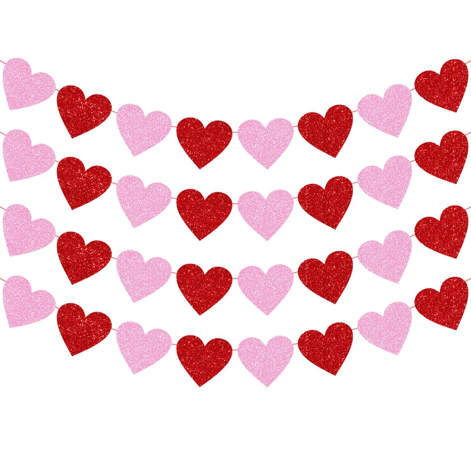 Amazon.com: 4 Pack Red Pink Glitter Heart Garland Banners, Valentines ...