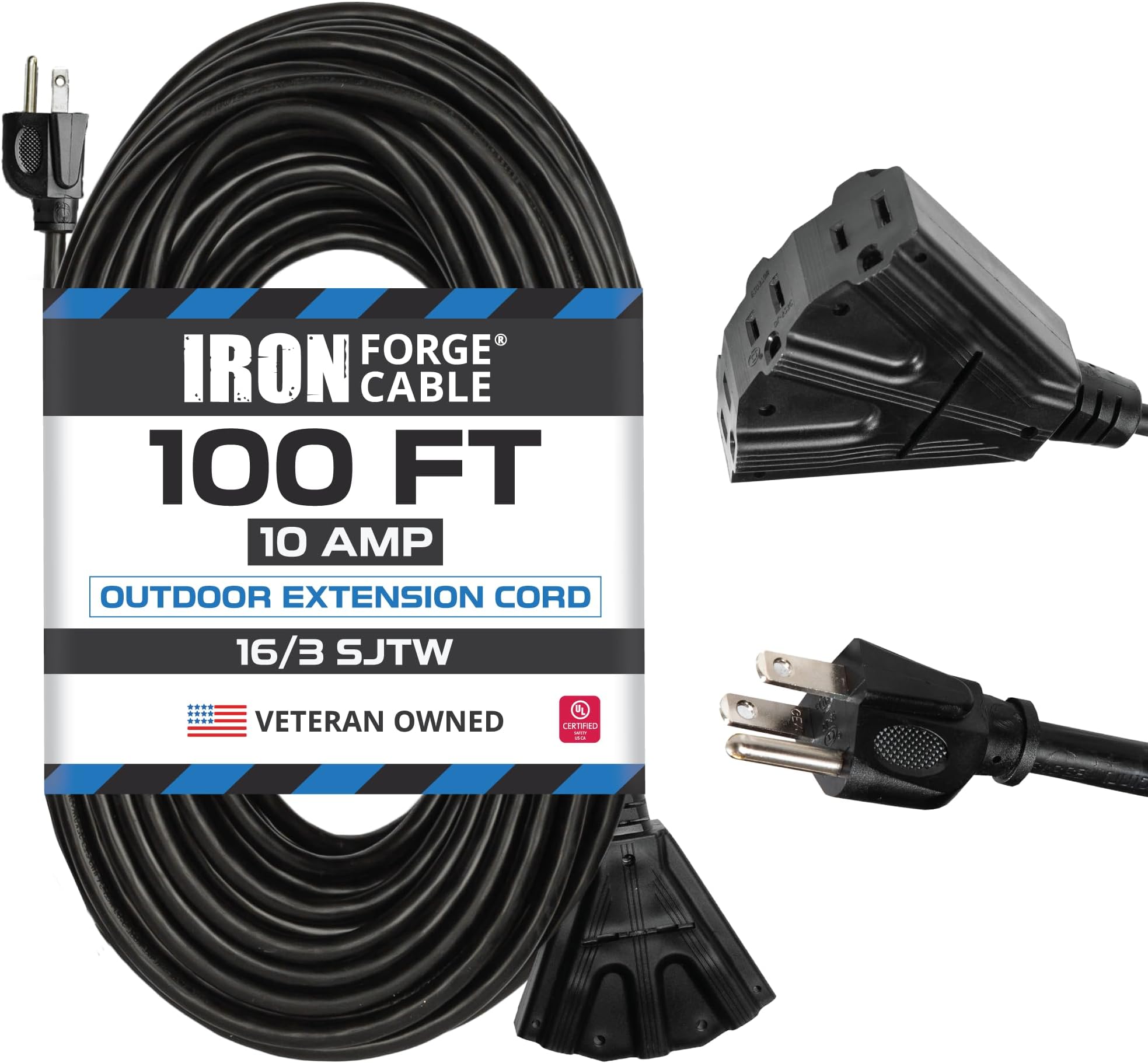 Iron Forge Cable 100 Ft Outdoor Extension Cord with 3 Outlet, 16/3 ...