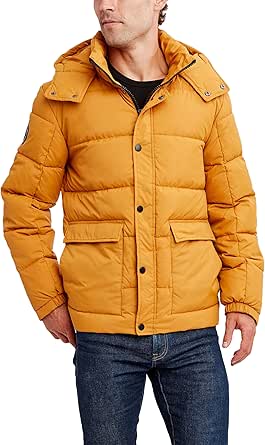 HFX Men's Puffer Jacket with Hood, Water and Wind Resistant, Mustard ...