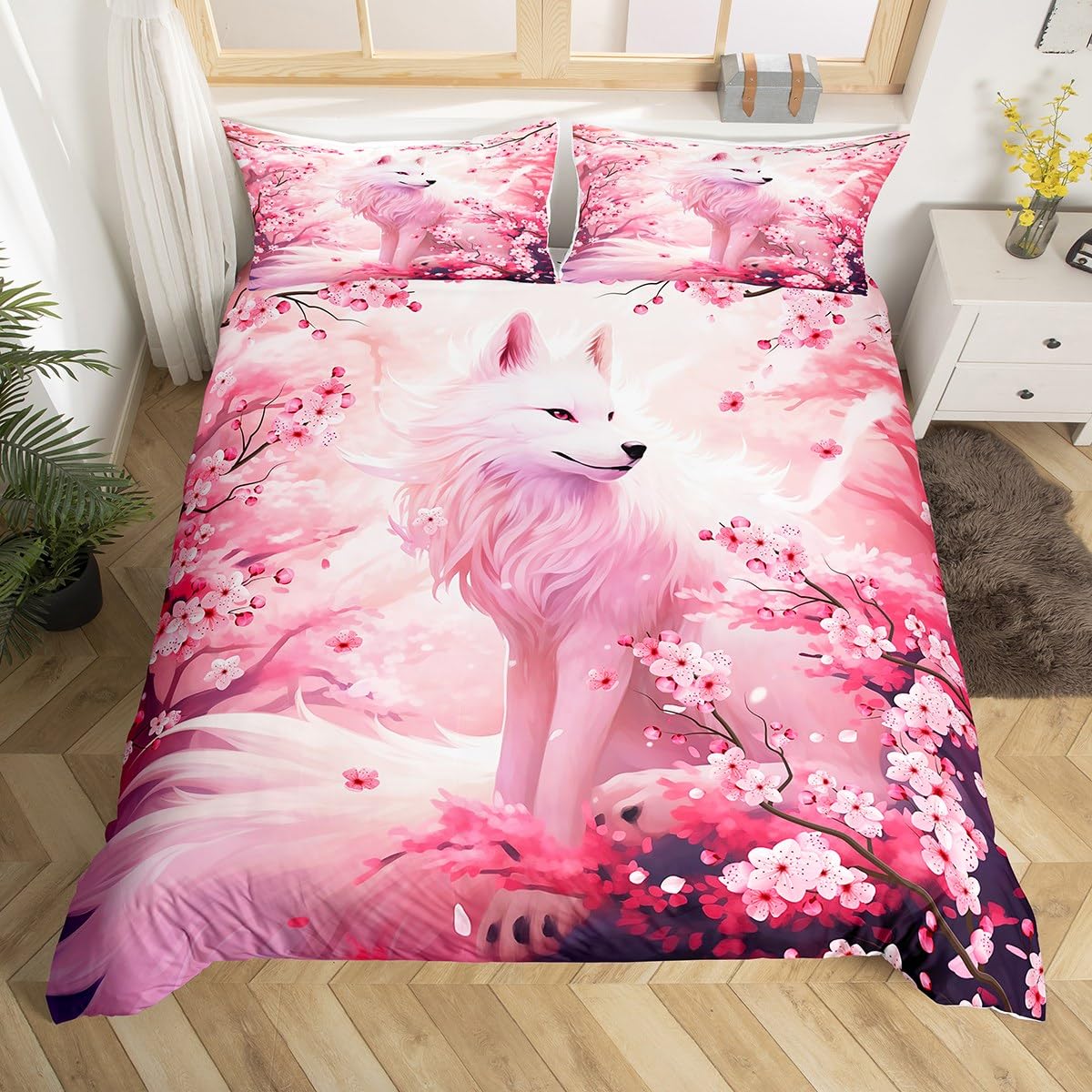 Amazon.com: Fox Duvet Cover Set Queen Size,Pink Cherry Blossom Bedding ...