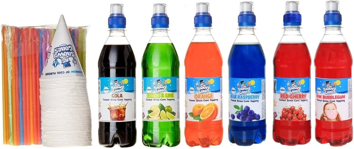 Large Snow Cone Kit, 6 x 500ml Flavours of SNOW CONE TOPPING SAUCE, 50 ...