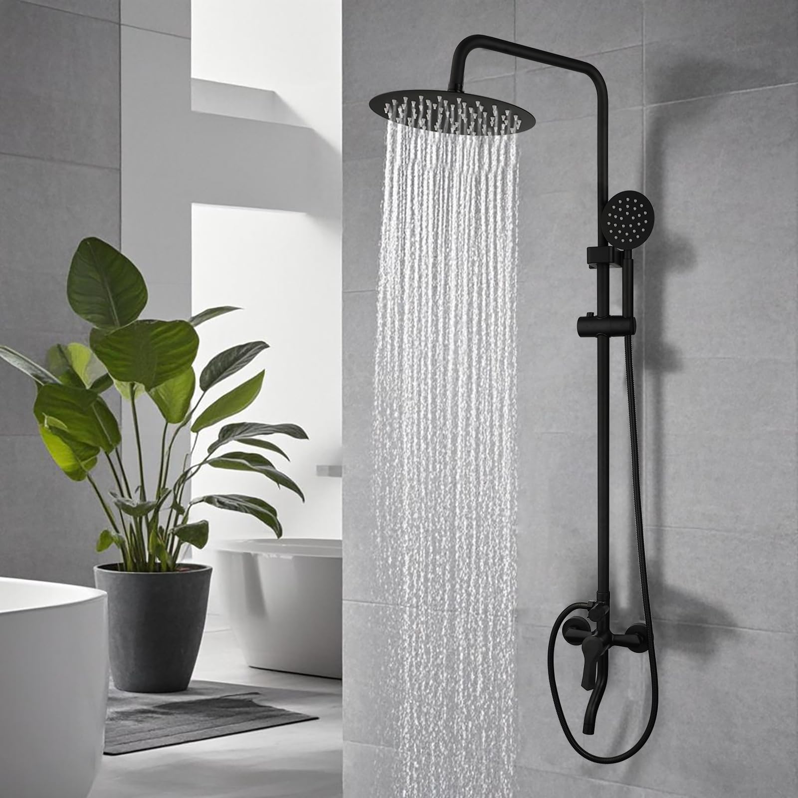 OUBONI Exposed Shower System 8 Inch Rainfall Shower Head Matte Black ...