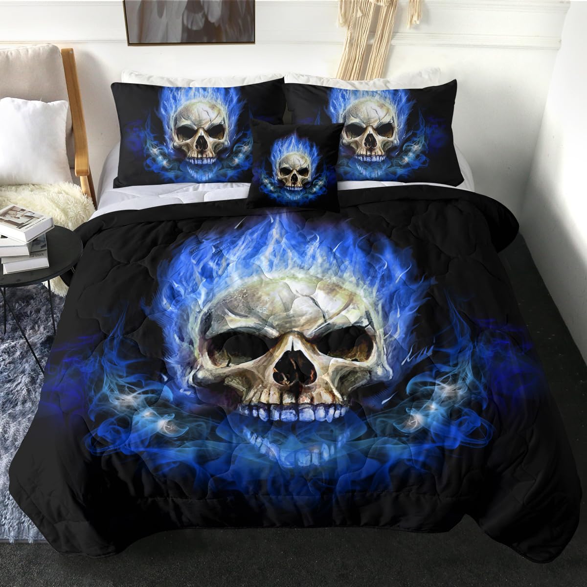 Amazon.com: Sleepwsih Fire Skull Comforter Set Full Size Blue Flame ...