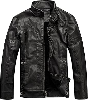 Amazon.com: WULFUL Men's Vintage Stand Collar Leather Jacket Motorcycle PU Jacket and Coat ...