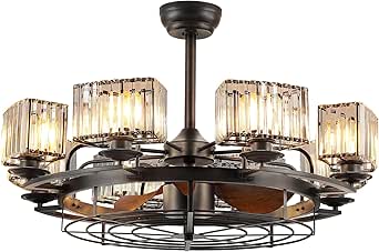 MADSHNE 35" Large Crystal Ceiling Fans with Lights,Black Caged Ceiling ...