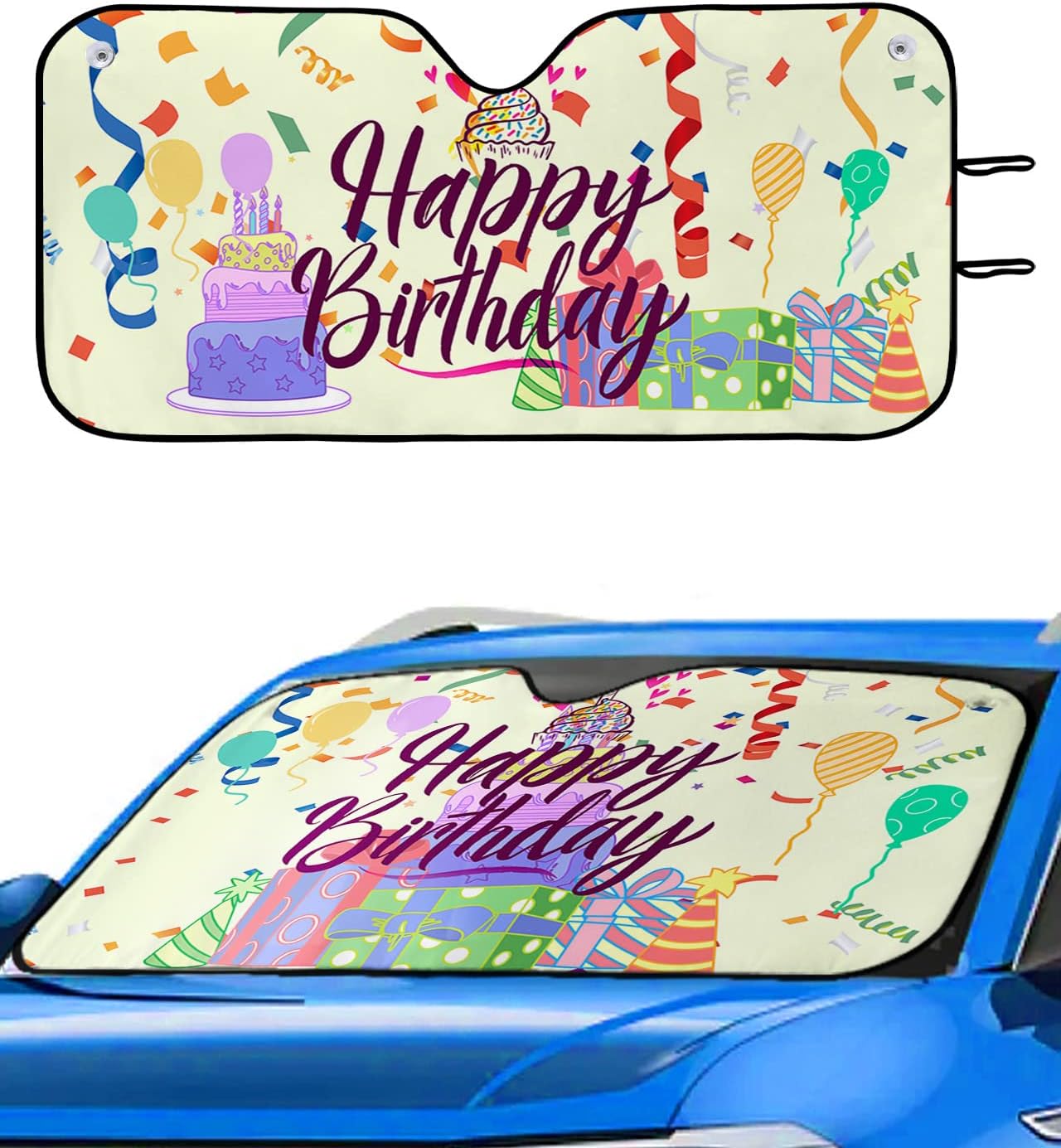 Amazon.com: Happy Birthday Car Windshield Sun Shade with Straps ...