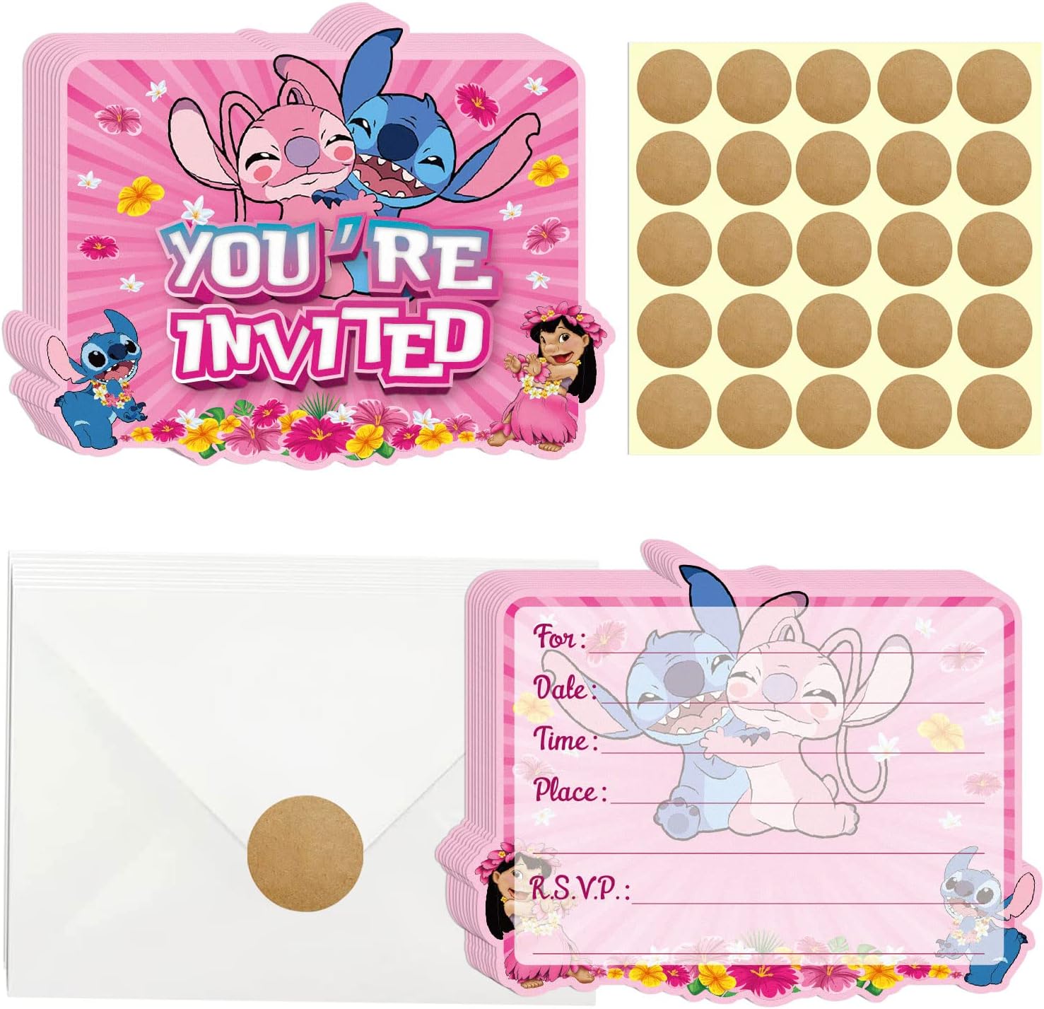 Amazon.com : OU RUI 24Pcs Pink Stitch Birthday Invitation Cards,Lilo ...