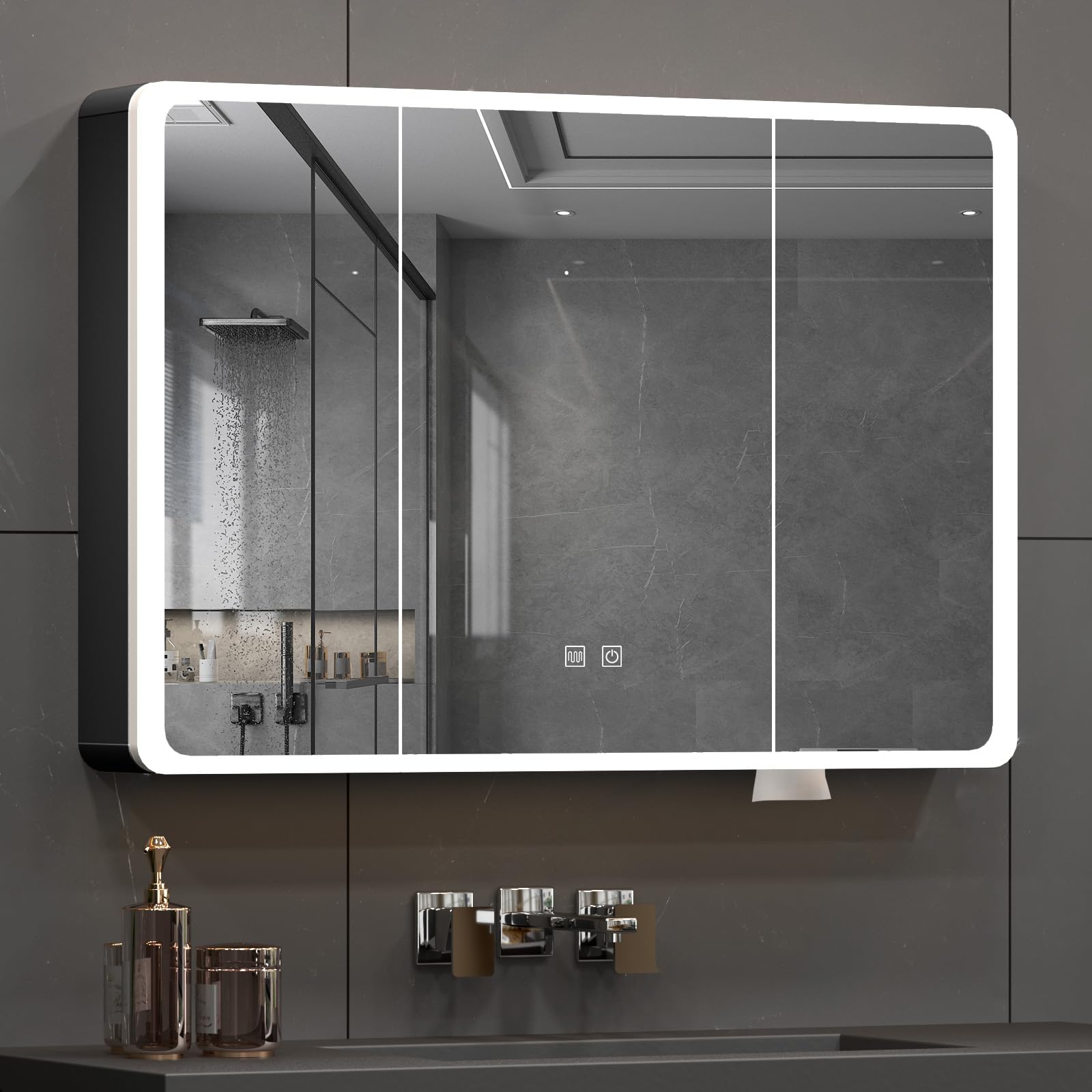 Vanrste Lighted Medicine Cabinet with Mirror, Black Frame, LED Bathroom ...