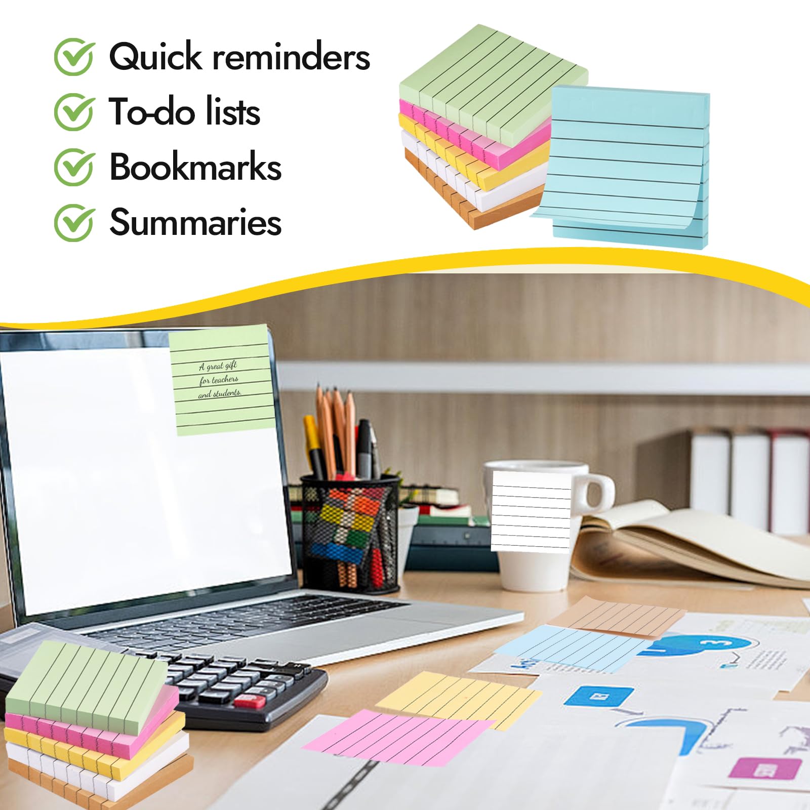 580 Sheets Sticky Notes, Lined Sticky Notes, Self-Stick Coloured Sticky ...