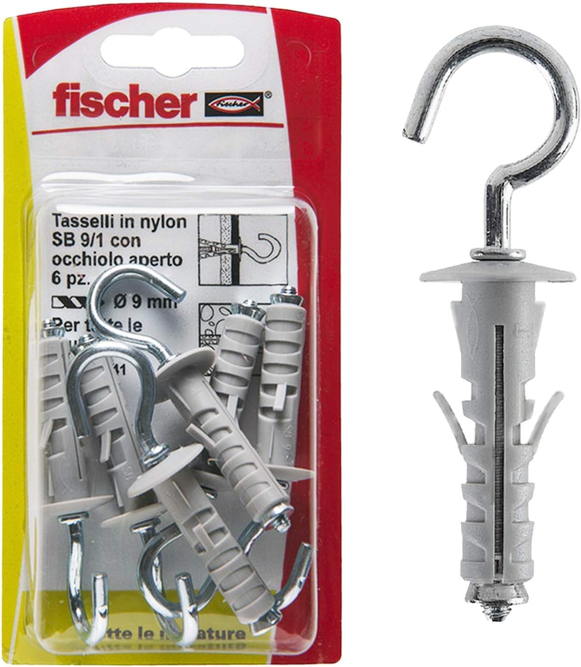 Fischer 6 Tasselli SB 9 con Gancio a Occhiolo Aperto, Universali per il ...