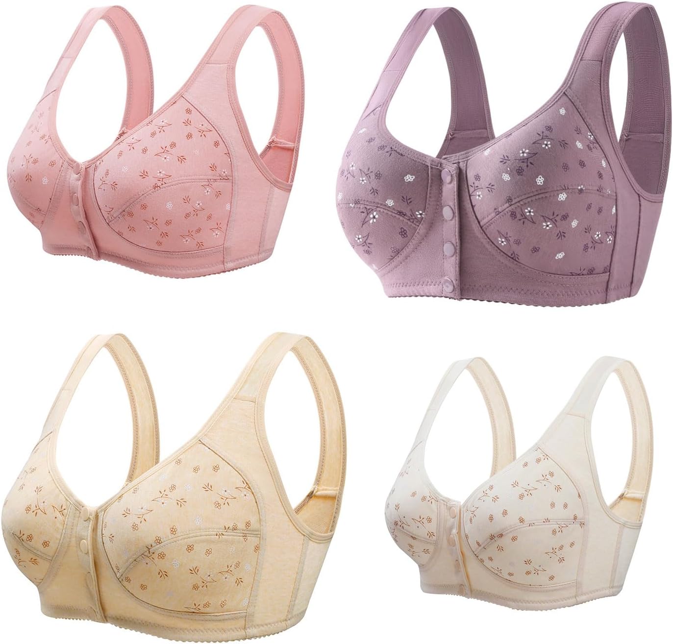 beijieaiguo Wireless Front Button Bra 4pcs Front Fastening Bras Non ...