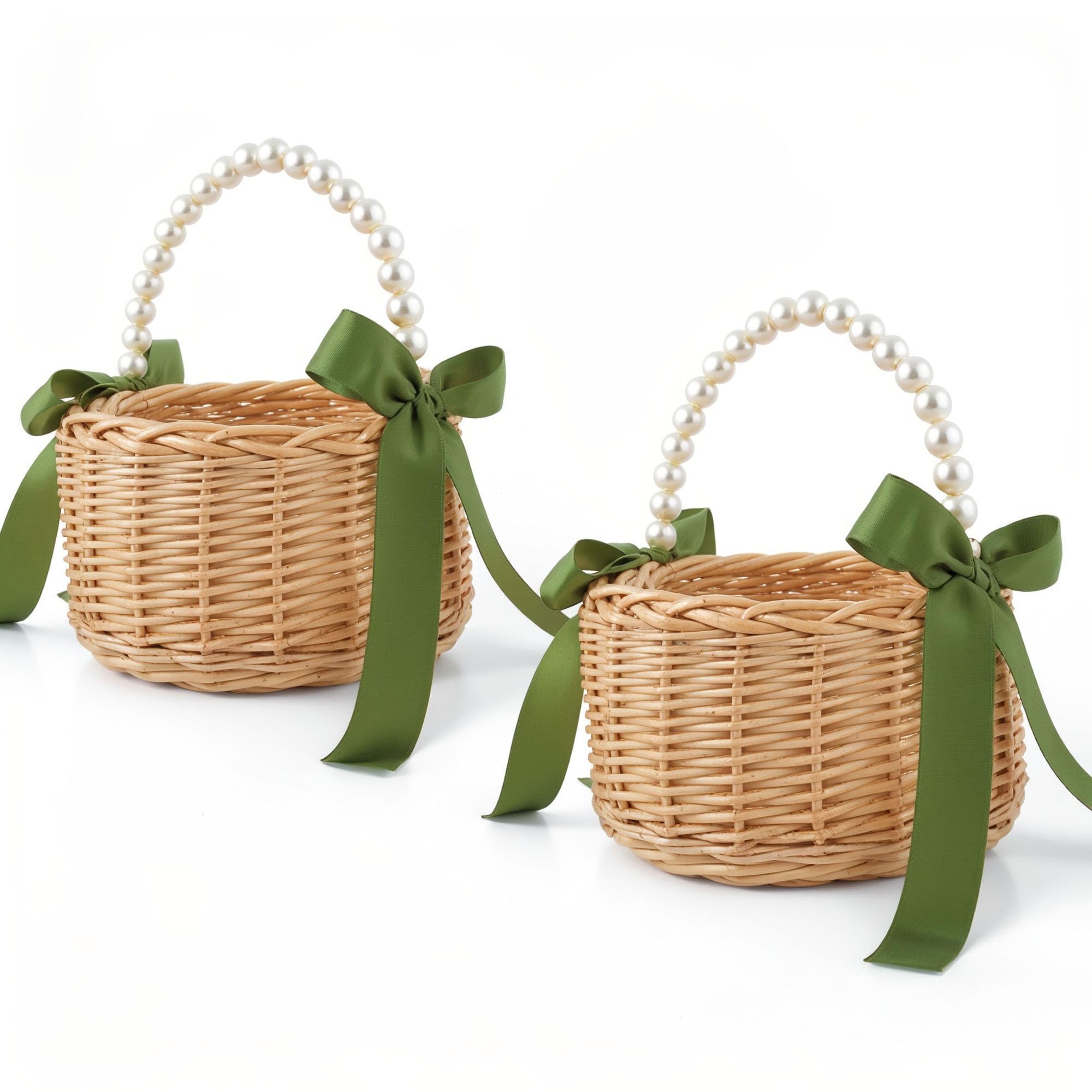 Amazon.com: Lurenjia Elegant Wicker Rattan Flower Girl Basket with Pearl Handle, Bow, and Ribbon ...