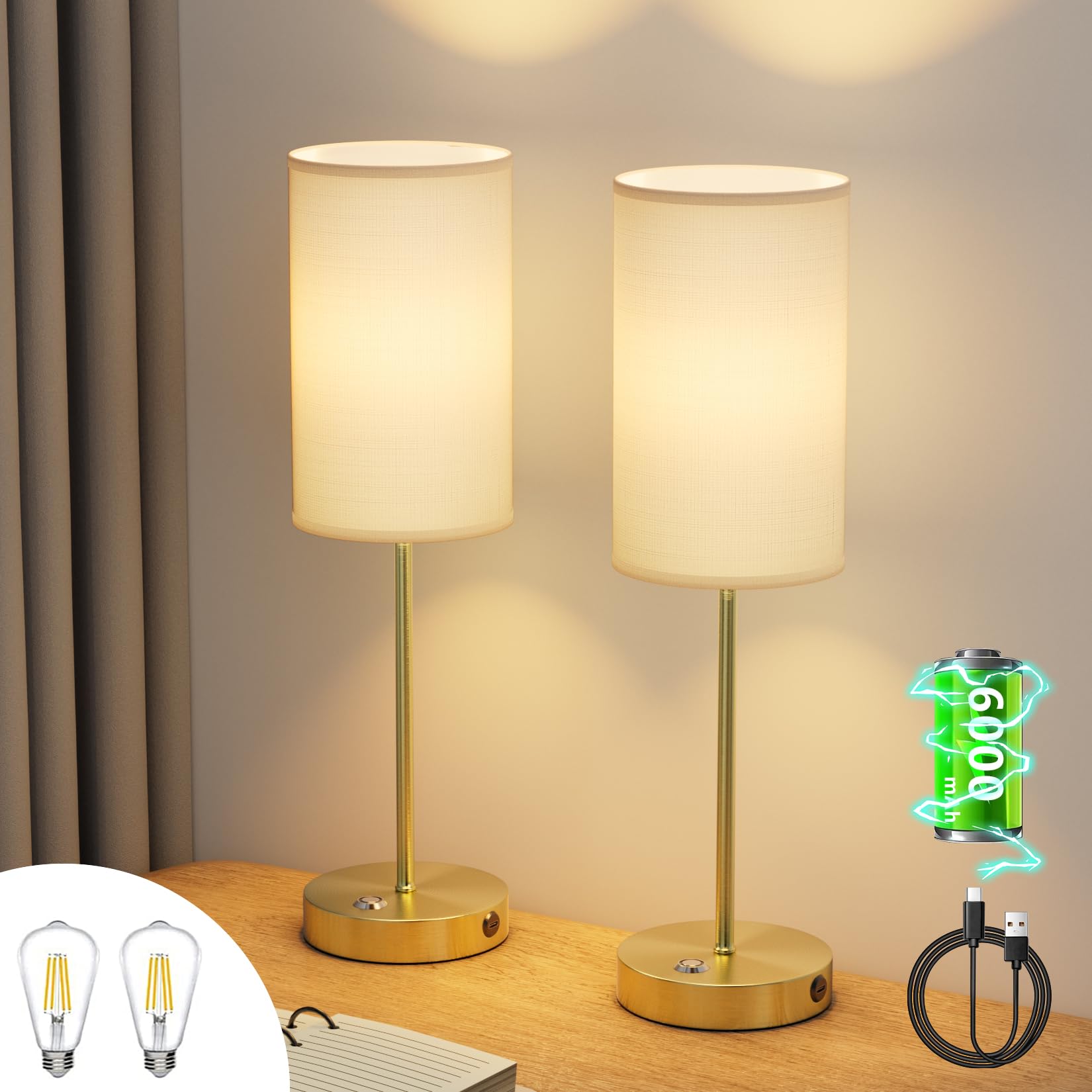 2-Pack Cordless LED Table Lamp 6000mAh Rechargeable Lamp Battery ...