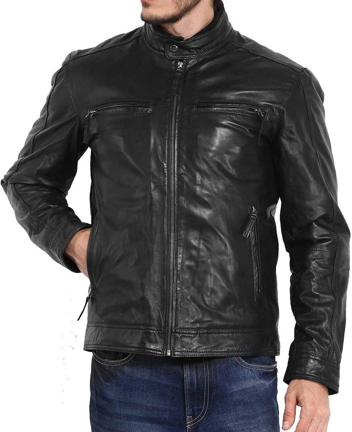 Kingdom Leather New Mens Leather Jacket Black Slim Fit Biker Motorcycle ...