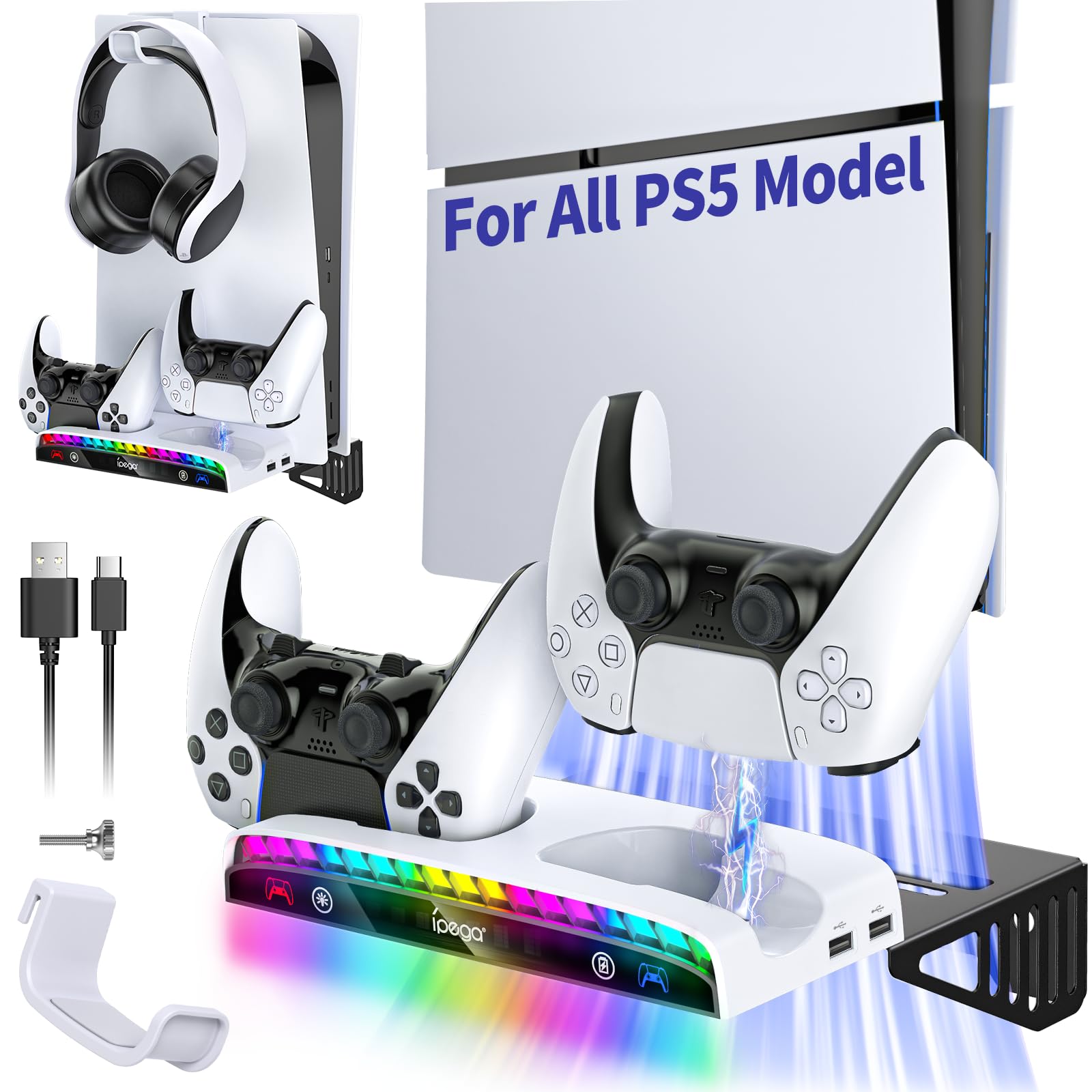 RGB Wall Mount for PS5 PRO/Slim/PS5 Game Console with Charging Station ...
