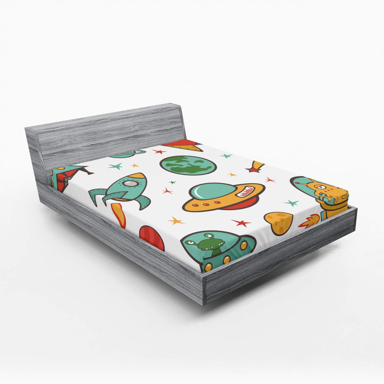 Lunarable Space Fitted Sheet, Outer Space Rocket Space Ship UFO Planets ...