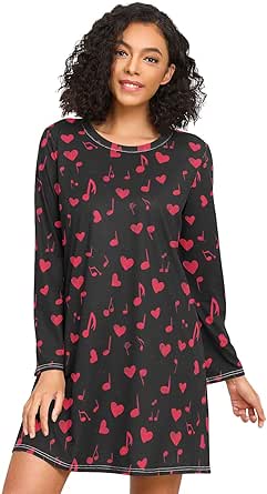 ALAZA Hearts Musical Notes Women's Nightgown Long Sleeve Nightshirts ...