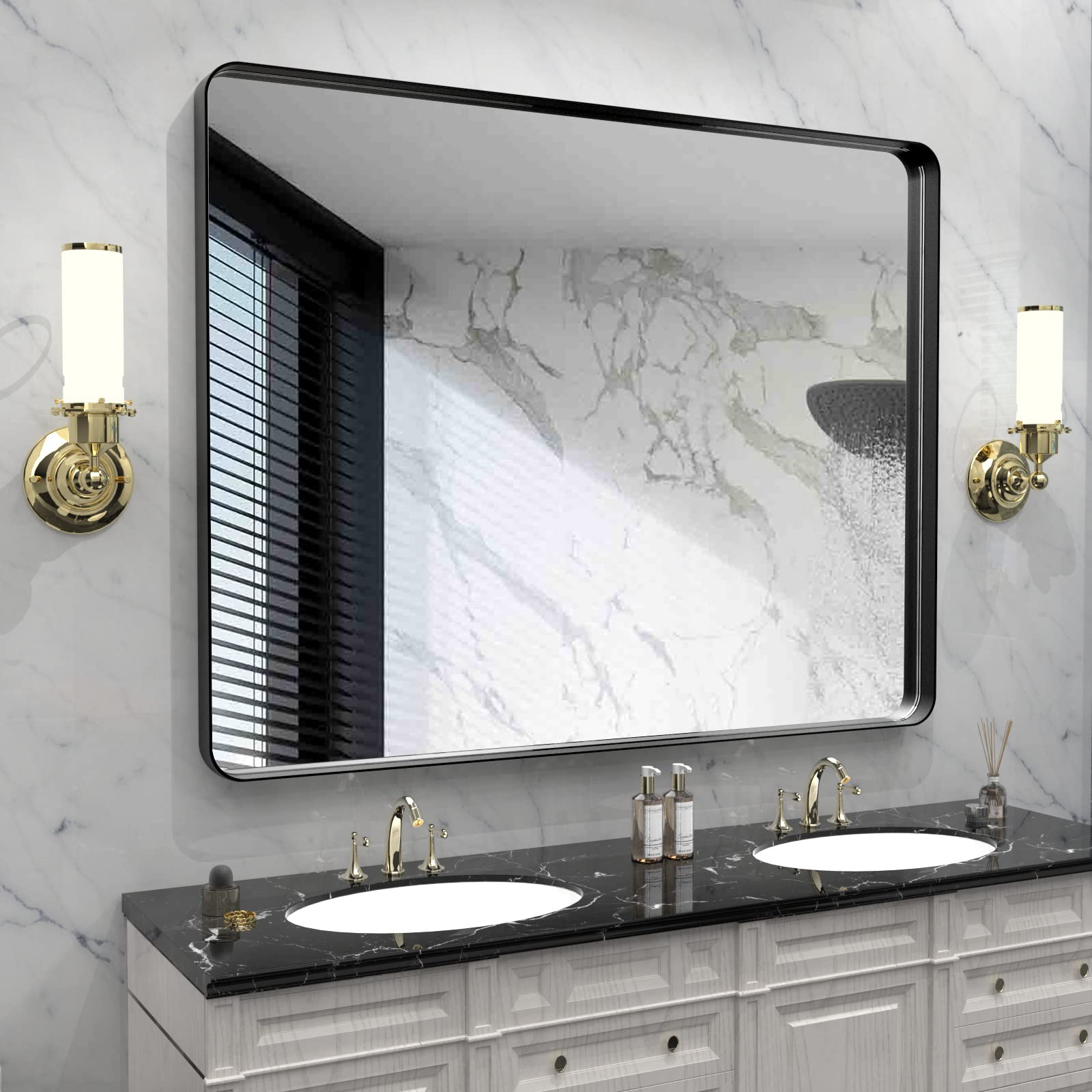 Buy LOAAO 40X32 Inch Black Metal Framed Bathroom Mirror For Wall Matte Buy LOAAO 40X32 Inch Black Metal Framed Bathroom Mirror For Wall Matte