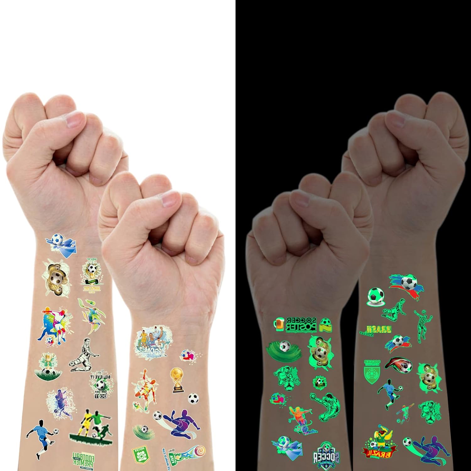 Amazon.com : DORART 20 Sheets Luminous Temporary Tattoos for Kids, 100 Styles Soccer Party ...