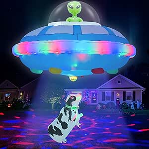 Amazon.com: GUDELAK 4.2FT Halloween Inflatables Outdoor Decorations, UFO Cow Abduction ...