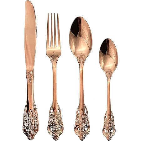 JANKNG Mirror Polished Copper Silverware Set, 24-Piece 18/10 Stainless ...