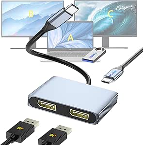 DisplayPort Splitter for Dual Monitors, 4K@60Hz USB-C to DisplayPort ...