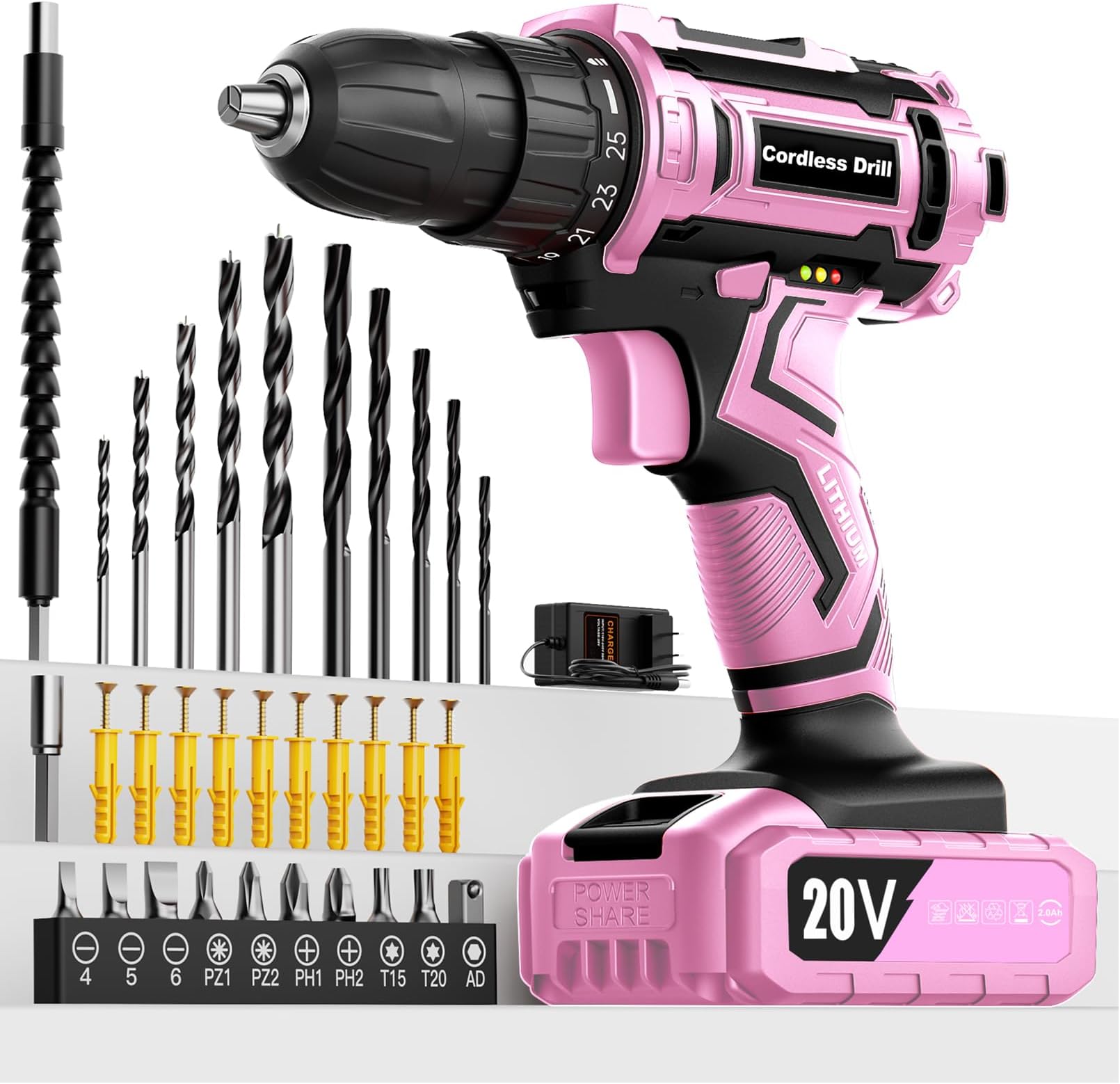 Amazon.com: 20V Cordless Drill, Pink Drill Set for Women, Lightweight ...