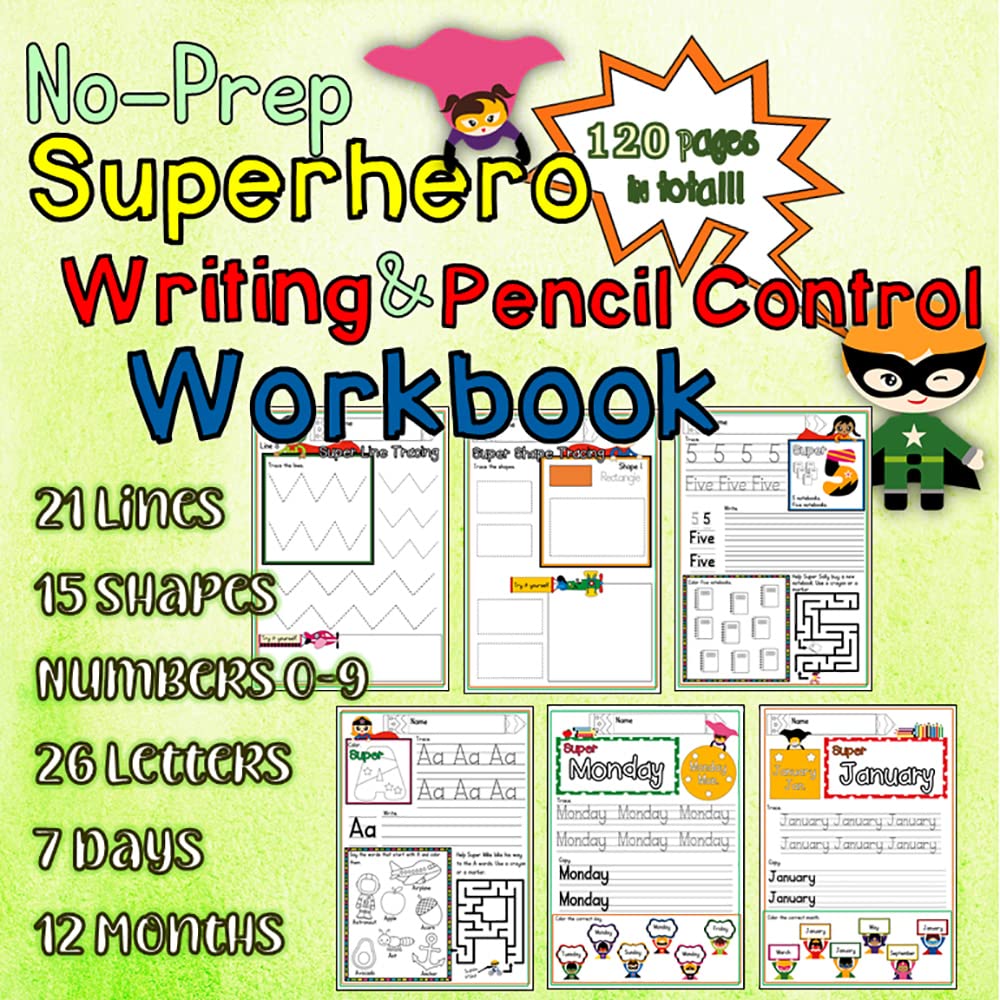 Pre-K Pre-School Superhero Tracing, Writing and Pencil Control Practice ...