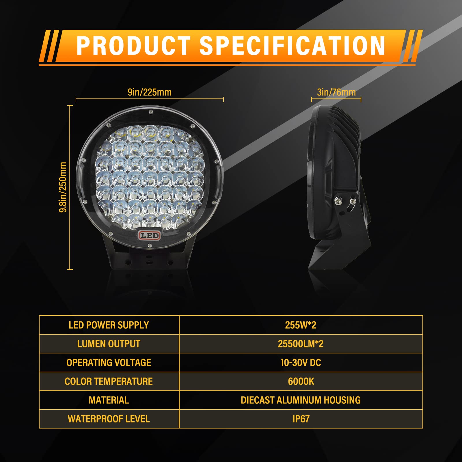 SKYWORLD 2pcs Round LED Pods Light Bar, 9 inch 225W Spot Beam Work Off ...