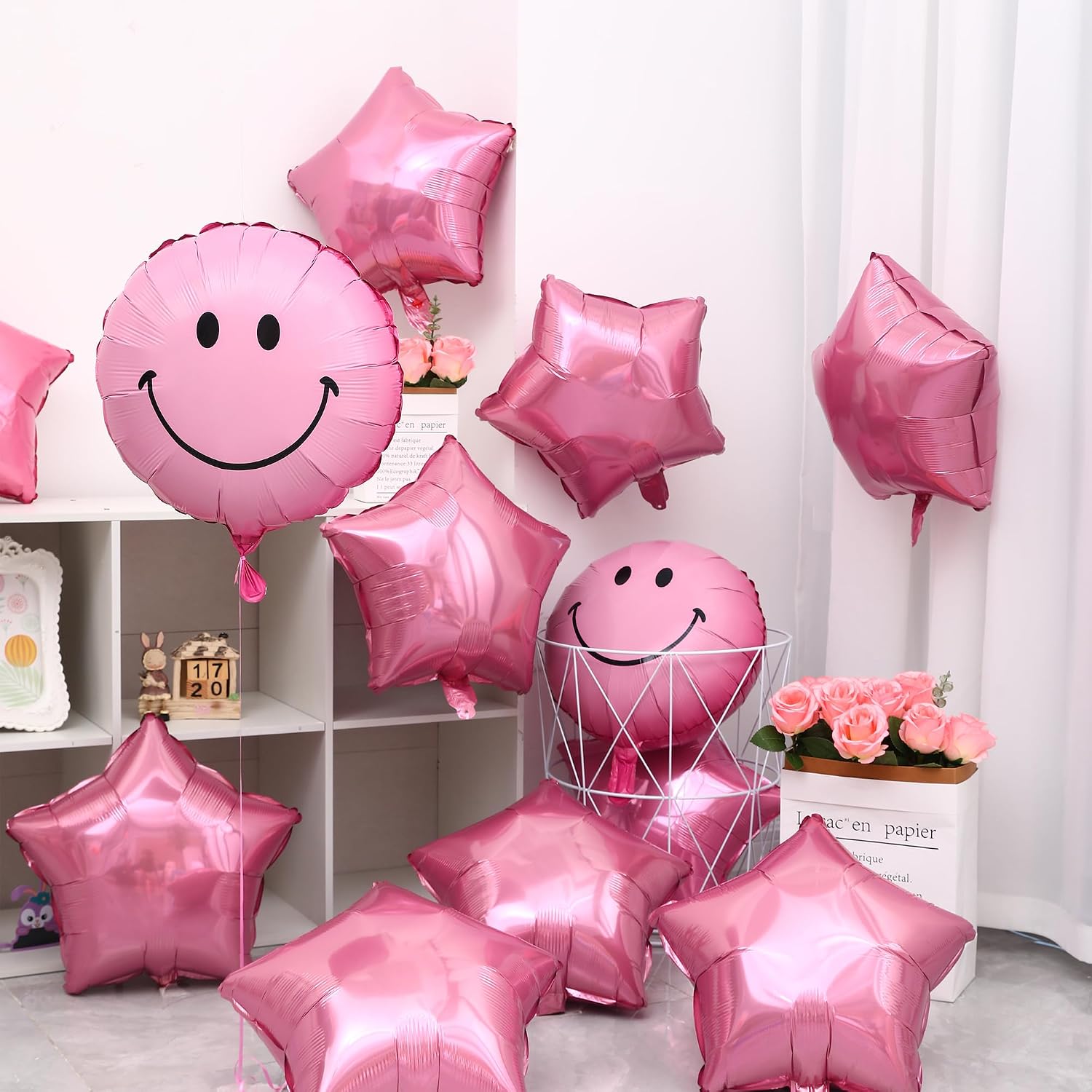 Amazon.com: 2PCS Pink Smile Face Balloons,with 10PCS Groovy Star ...