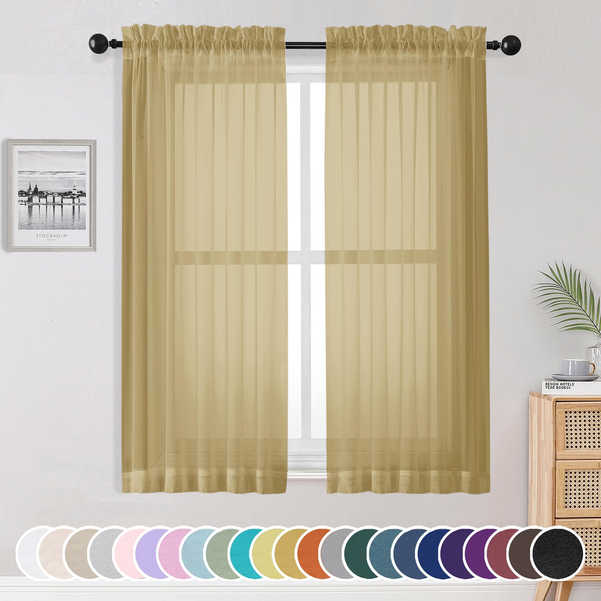 Amazon.com: OWENIE Sheer Curtains, Gold Sheer Curtains 63 Inch Length 2 ...