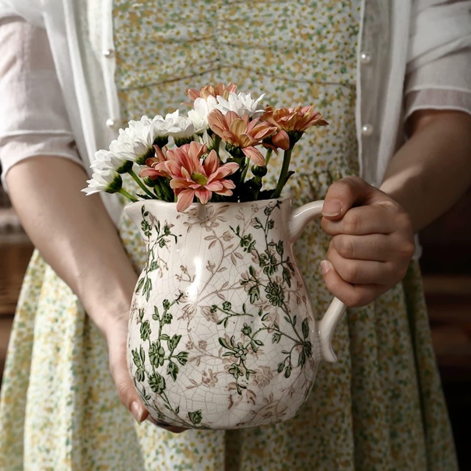 Amazon.com: Ceramic Pitcher Vase, Green and Beige Vintage Vase with ...