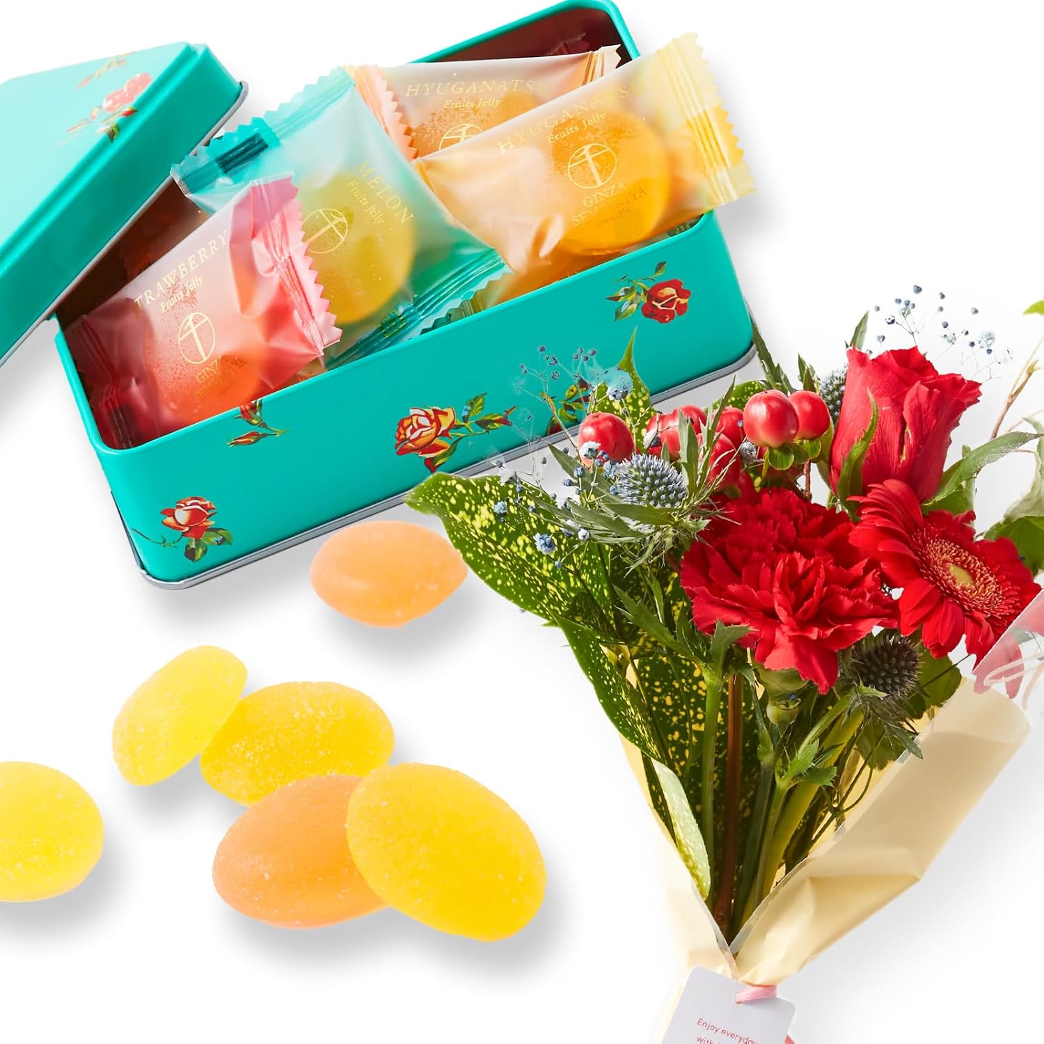 Amazon｜bloomee(ブルーミー) 銀座千疋屋 フルーツ ゼリー ＆ 季節のお花 8本 ミニ ブーケ セット (お菓子 フルーツ ゼリー クリスマス 生花 花) ギフト 誕生日 ...