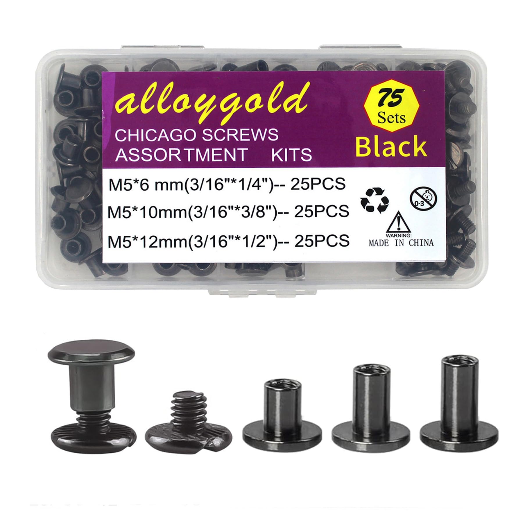 Amazon.com: ALLOYGOLD 75 Sets Black Chicago Screws 1/4 3/8 1/2 Leather ...