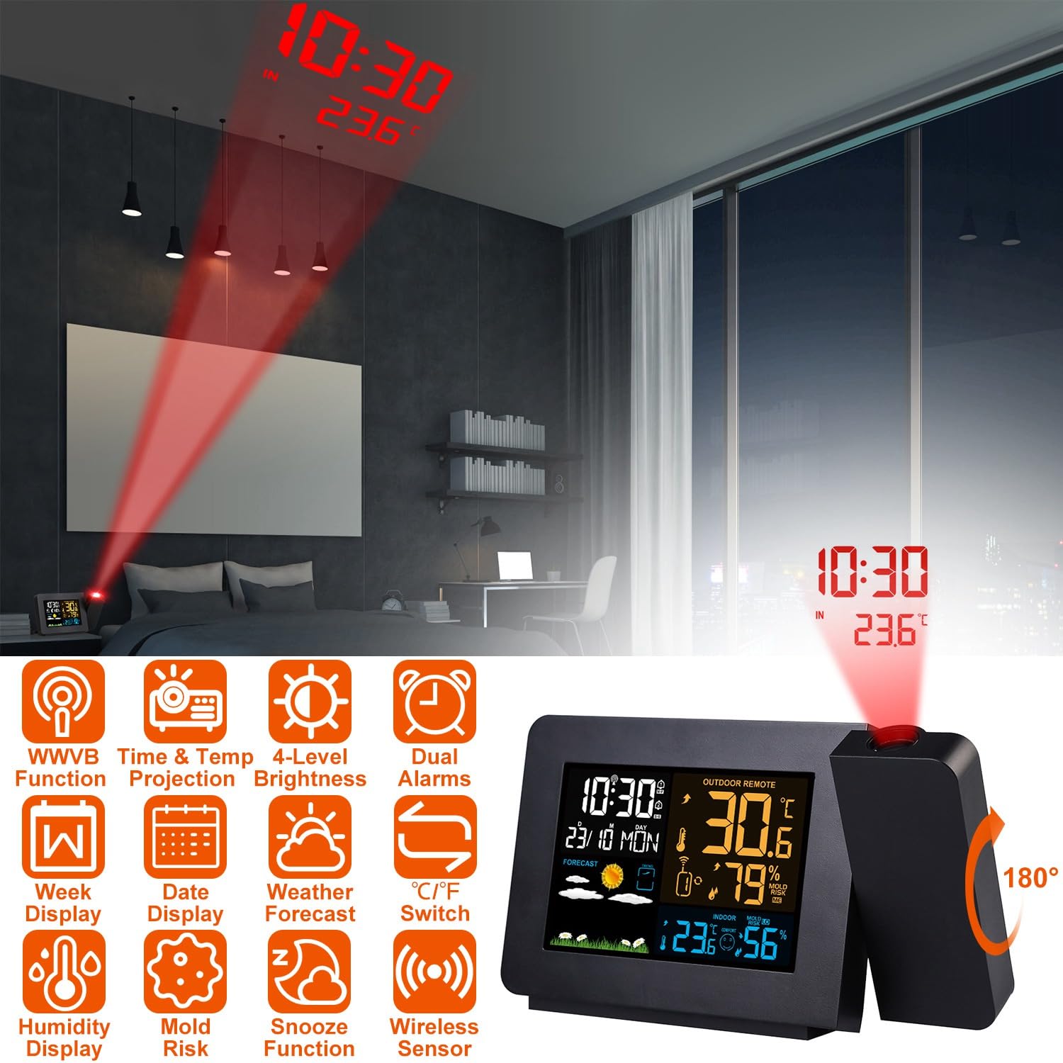 Snapklik.com : Upgraded Projection Weather Alarm Clock Atomic ...