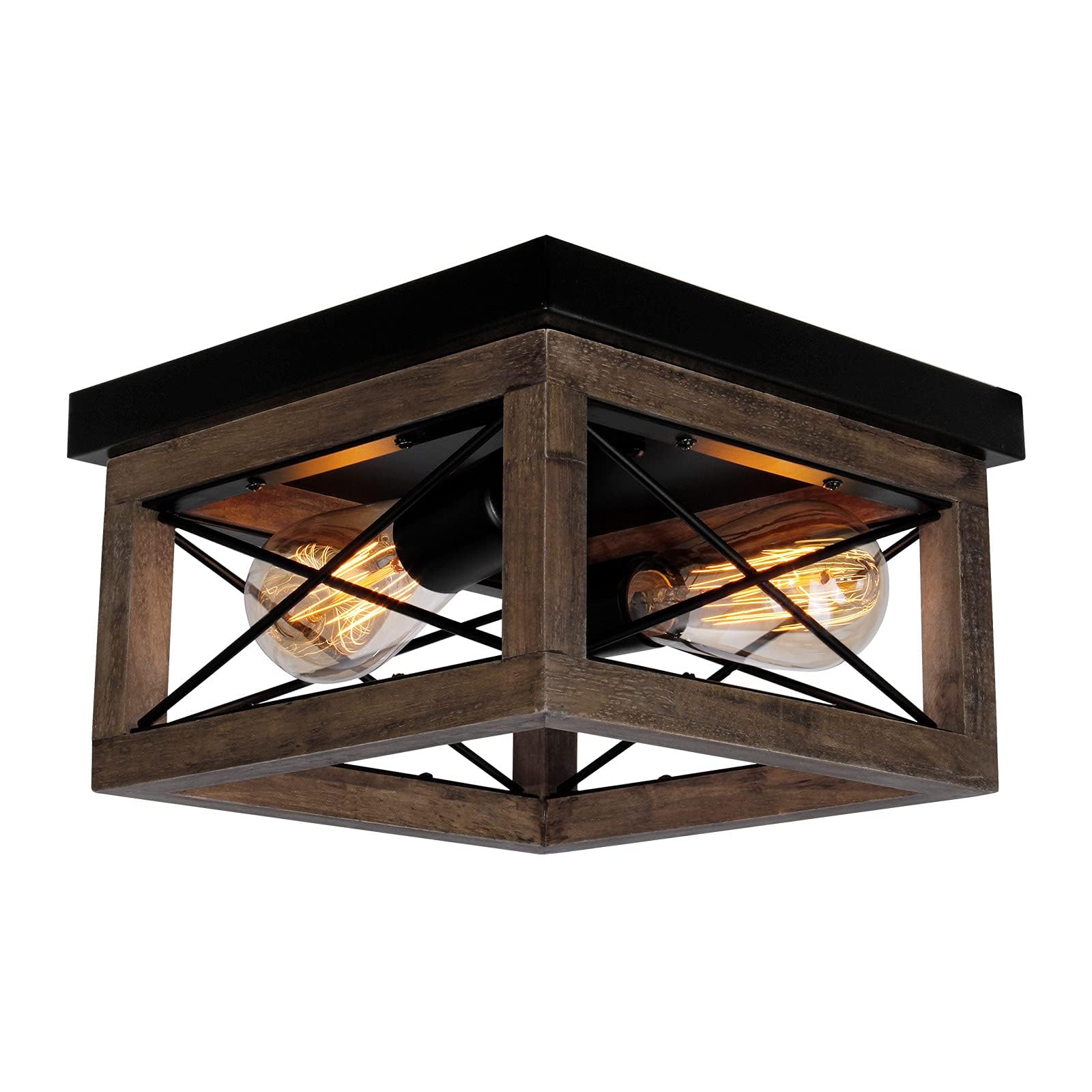 JWLUYN Farmhouse Rustic Light Fixtures, 2-Lights Metal and Wood Square ...