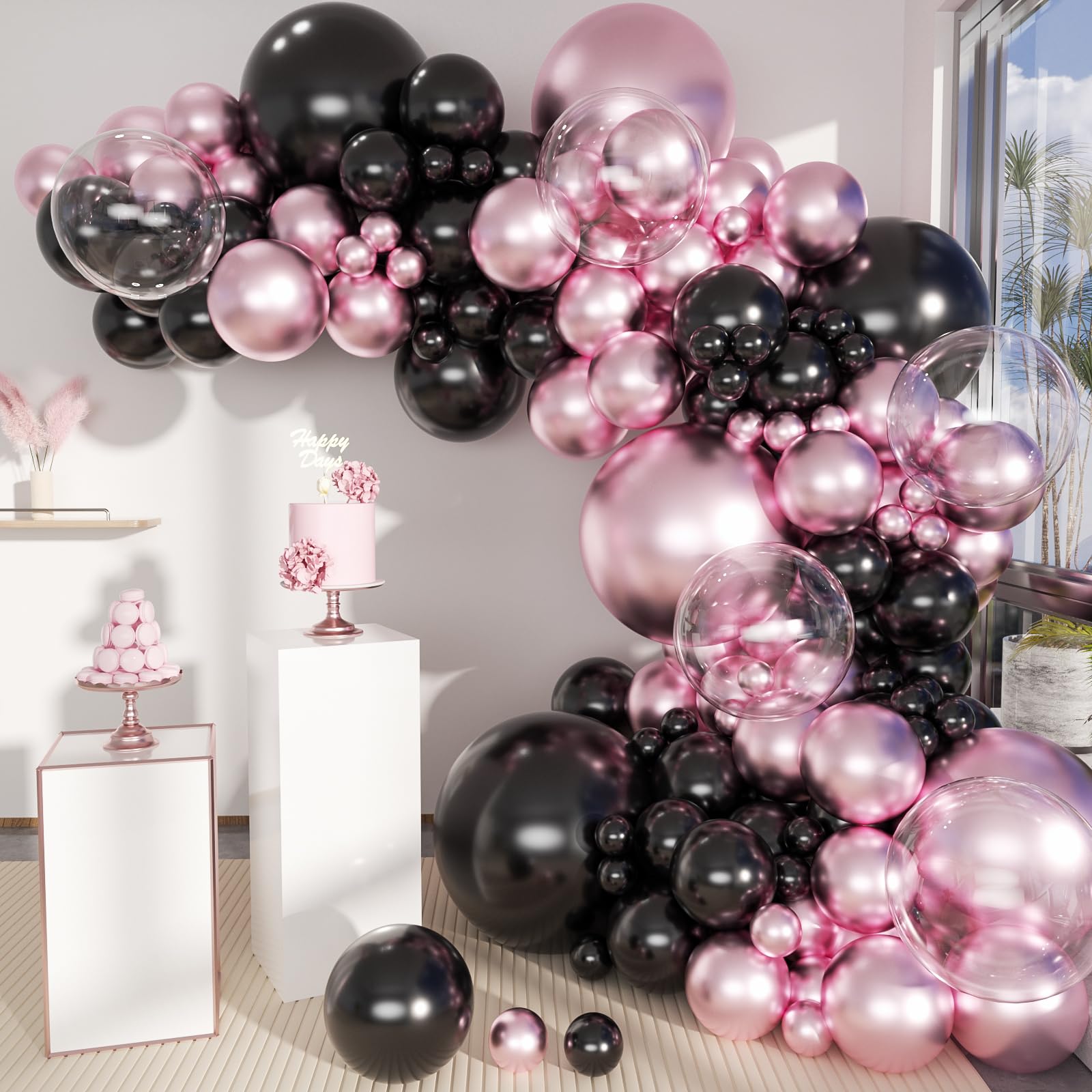 Amazon.com: MOXMAY Metallic Pink Black Balloons Arch Kit, 151Pcs Black ...