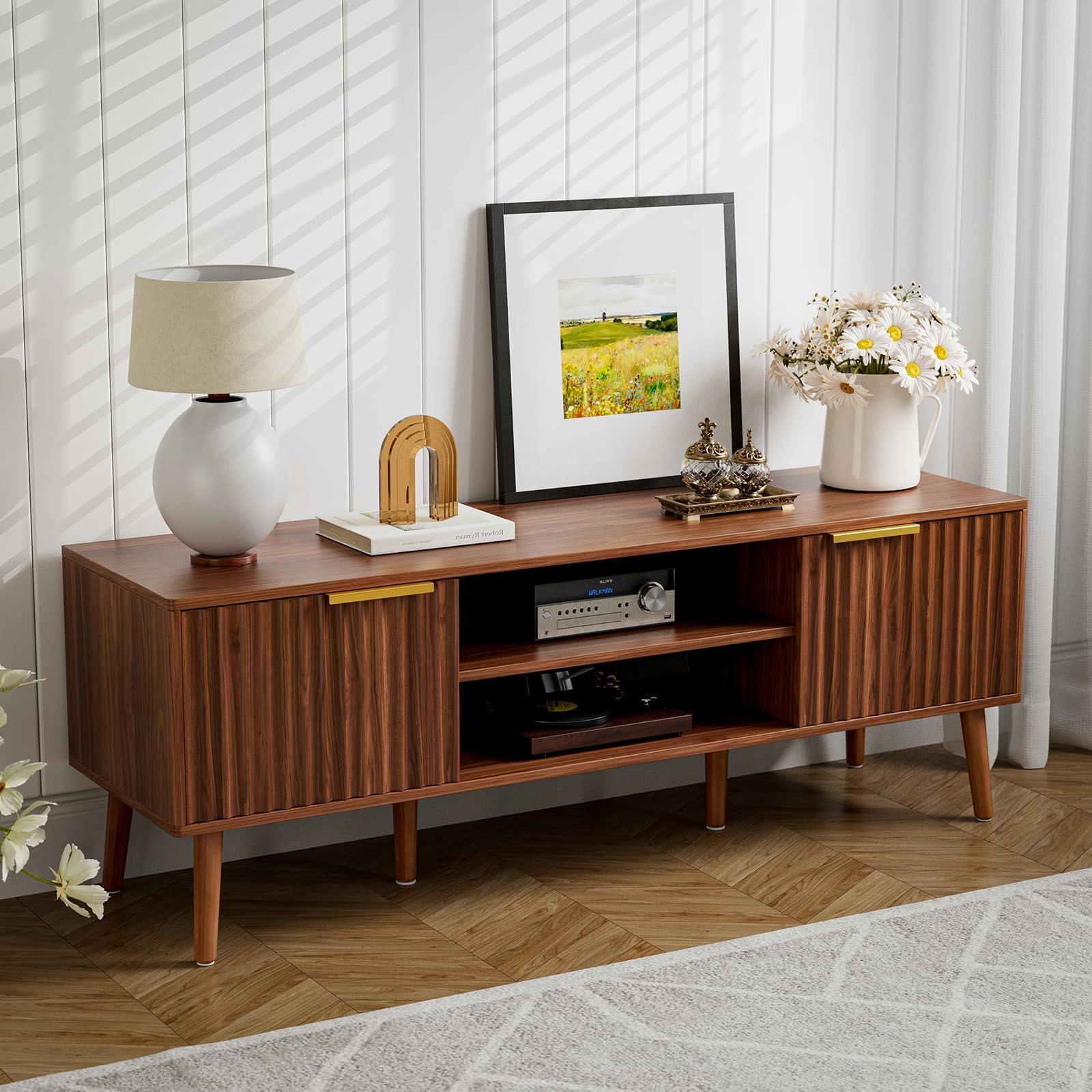 Amazon.com: Rattan TV Stand for TVs Up to 70", Wood TV Stand Mid ...