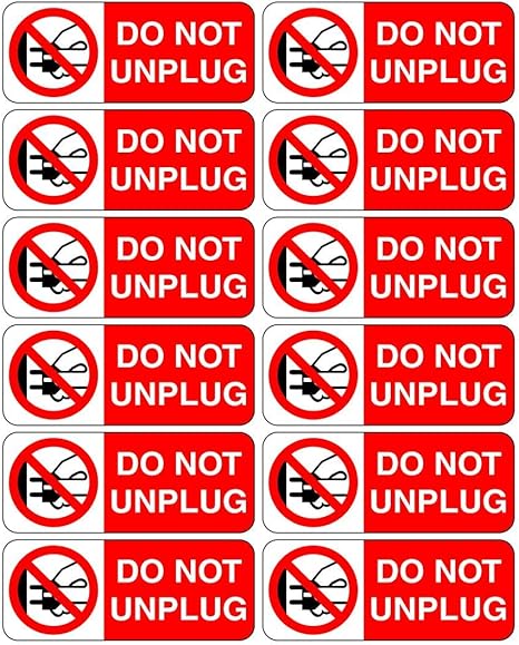 Pack of 12 Socket Signs Do not Unplug self Adhesive Vinyl Stickers 50mm ...